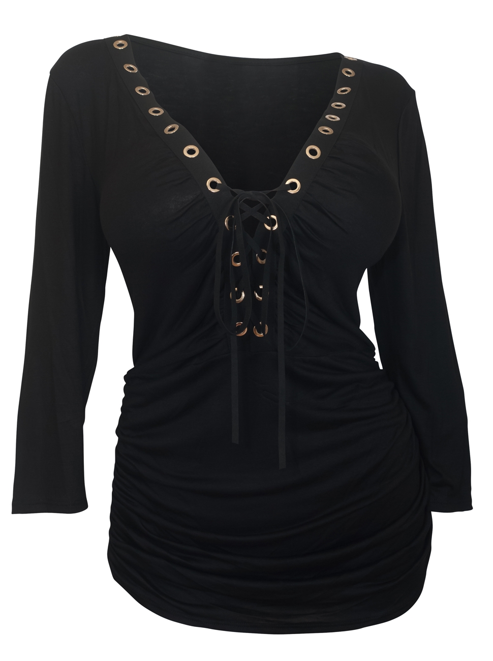 Plus Size V Neck Lace Up Top Black 17117 Evogues Apparel