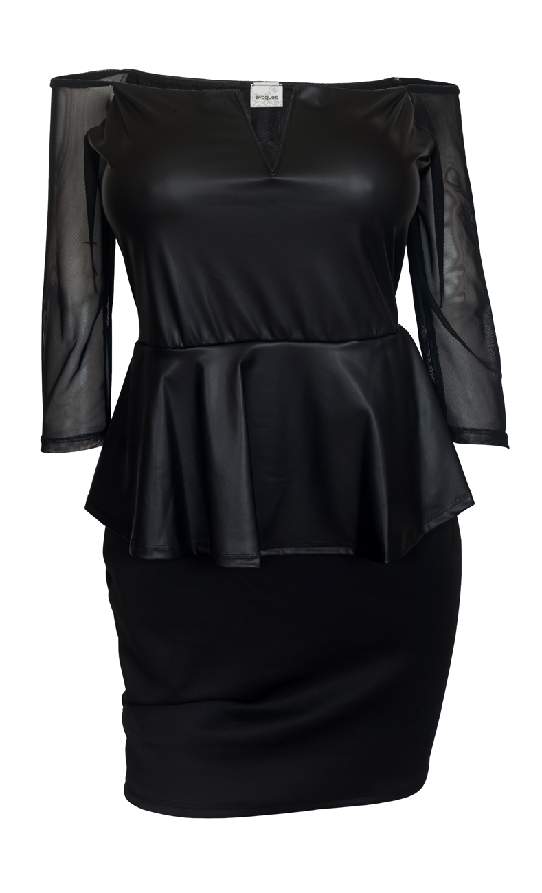 Plus Size Faux Leather Lace Sleeve Peplum Dress Black Evogues Apparel