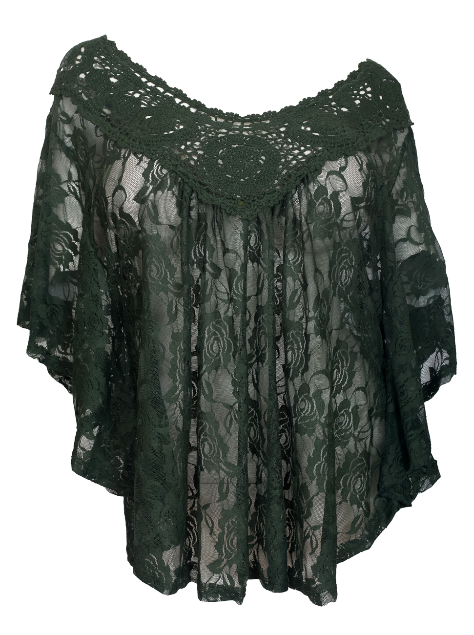 Womens Sheer Crochet Lace Poncho Top Olive Green 1772 Evogues Apparel